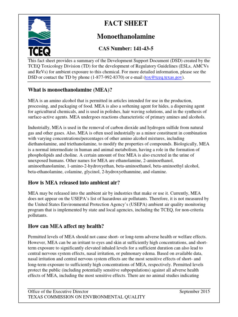 MEA FACT SHEET (Environmental) | PDF | Chemistry | Chemical Compounds