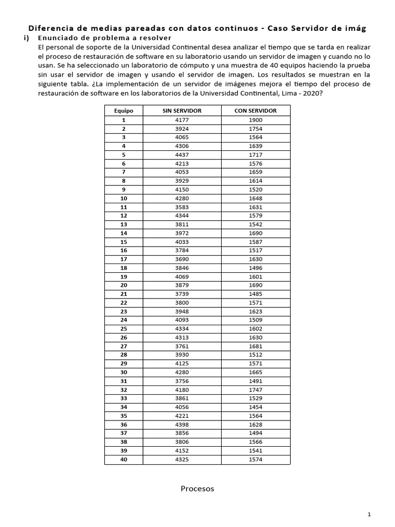 Diferencia de Medias Pareadas Con Datos Continuos-Tiempo - Caso Serv. de Imágen - T Pareada ...