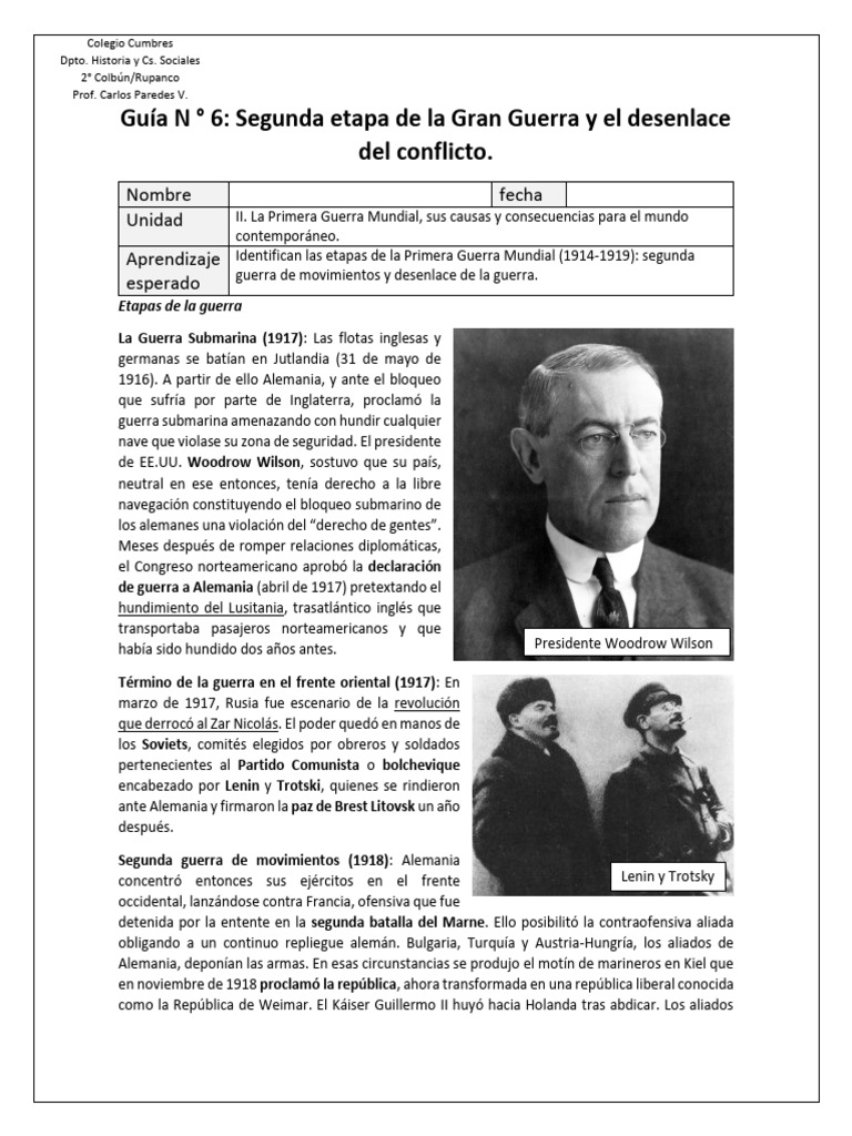 Guía N° 6 | PDF | Primera Guerra Mundial | Tratado de Versalles Guía N° 6 | PDF | Primera Guerra Mundial | Tratado de Versalles