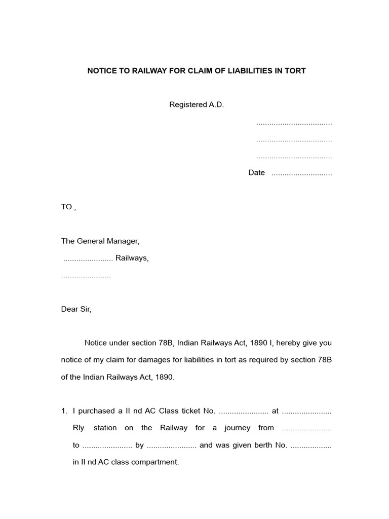 Notice To Railway For Claim of Liabilities in Tort | Download Free PDF ...