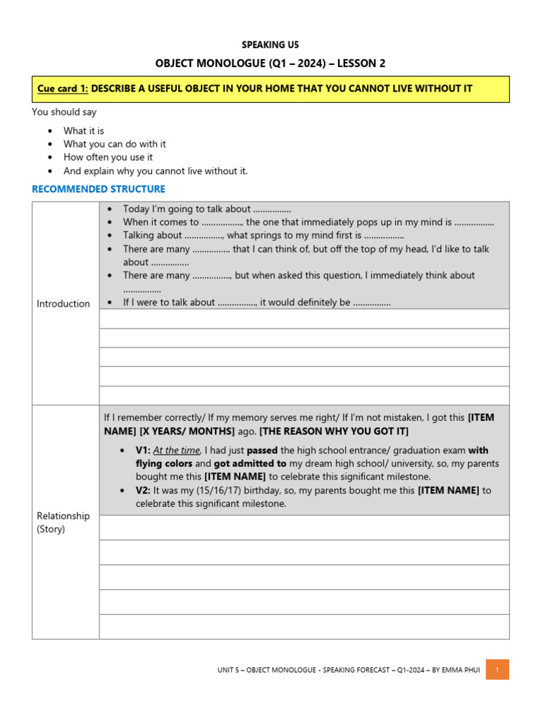 21 bản - Speaking U5 - Object Monologue - Q1-2029 | PDF