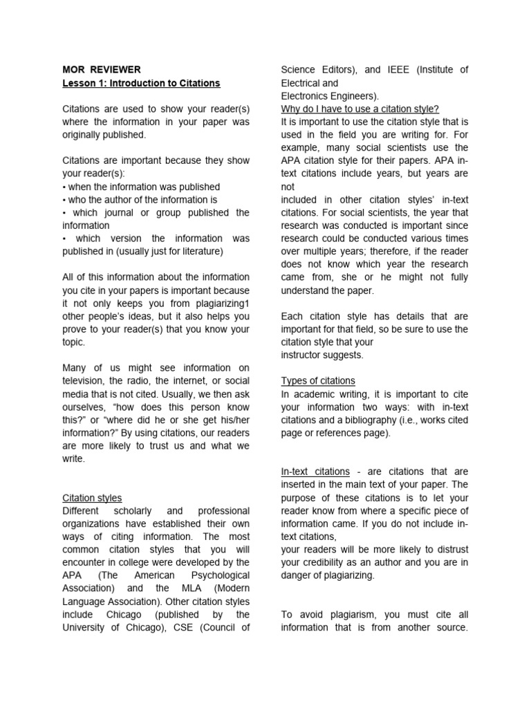 mor lesson 1 reviewer | PDF | Citation | Apa Style
