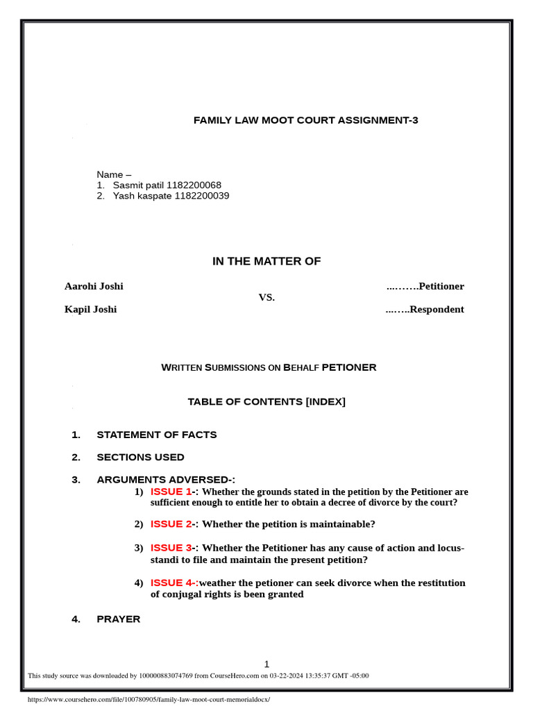 Family Law Moot Court Memorial | Download Free PDF | Divorce | Marriage