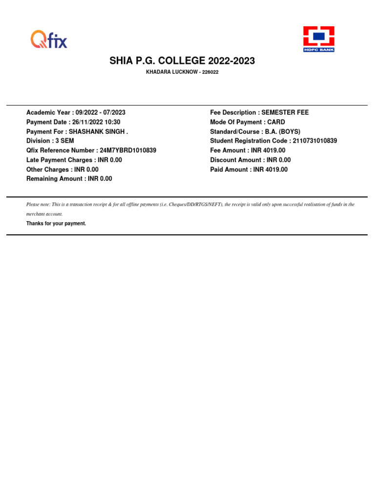 Fees Slip Semester3 | PDF