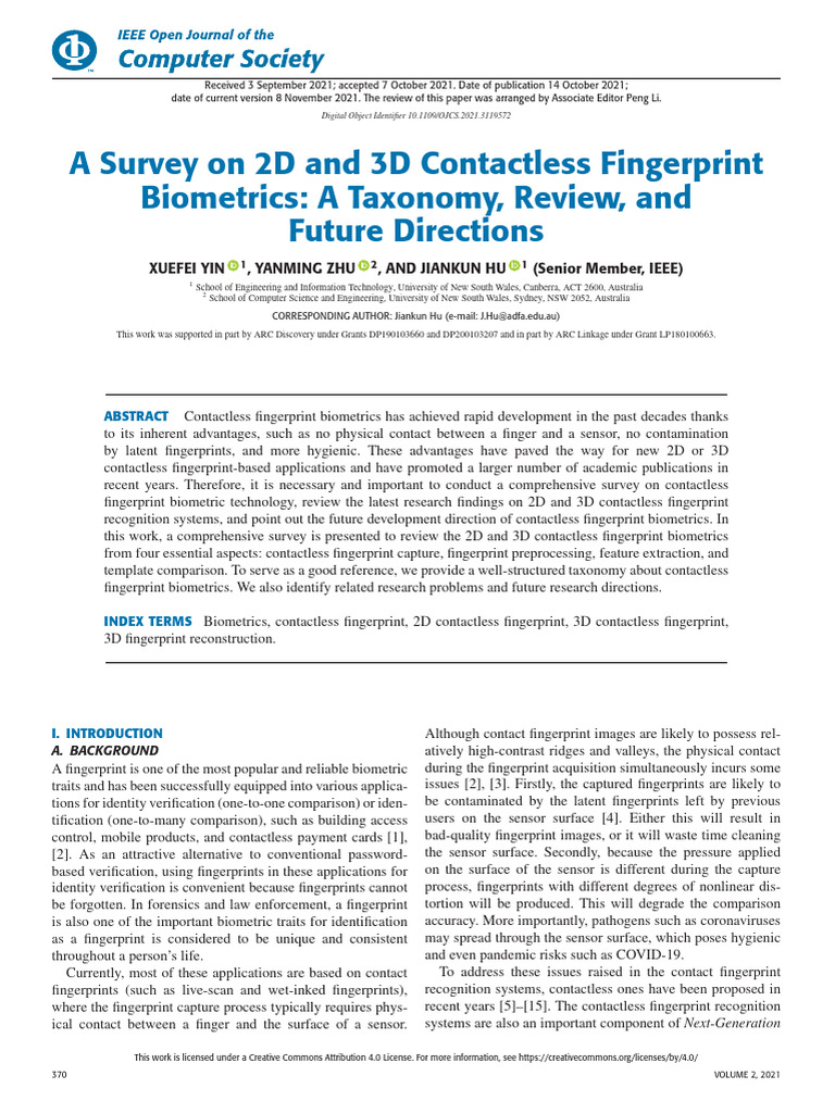 A Survey On 2d And 3d Contactless Fingerprint Biometrics A Taxonomy Review And Future Directions