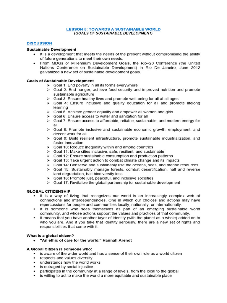 Ge3 Lesson 5 Toward A Sustainable World 1 | PDF | Sustainability | Sustainable Development