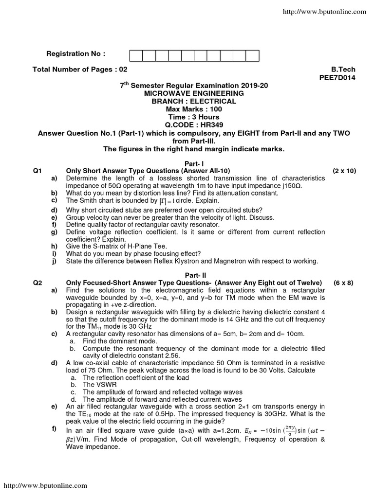Microwave Engineering Exam Paper 2019-20 | PDF | Waveguide | Electrical ...