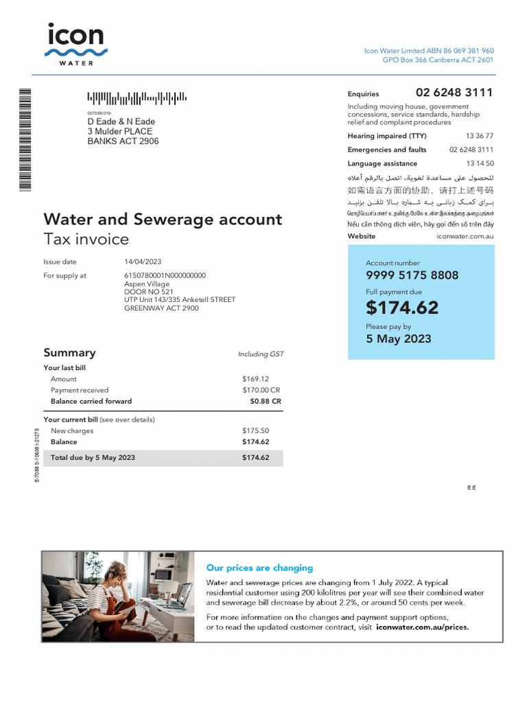Water and Sewerage Account Tax Invoice: D Eade & N Eade 3 Mulder PLACE ...