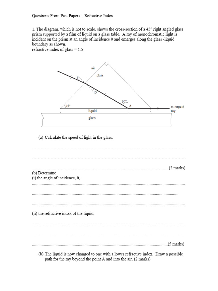 Questions On Refractive Index From Past Papers | PDF | Refraction ...