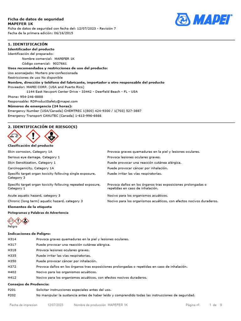 MSDS Mapefer 1K Rombo Nfpa | PDF | Residuos | Agua