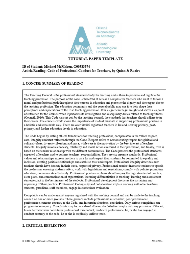 Tutorial Paper 1 Final Draft Michael MC Mahon | PDF | Teachers | Professional Ethics