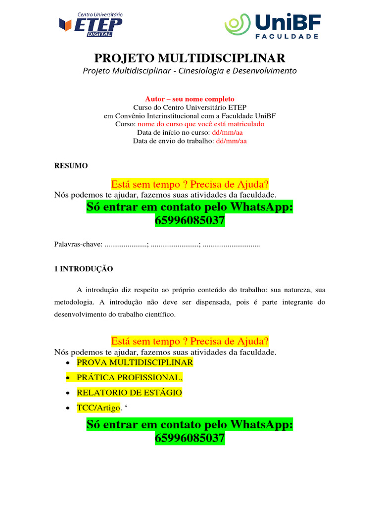Modelo de Projeto Multidisciplinar | Download grátis PDF | Interdisciplinaridade