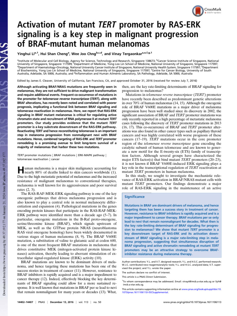 Li Et Al 2016 Activation of Mutant Tert Promoter by Ras Erk Signaling ...