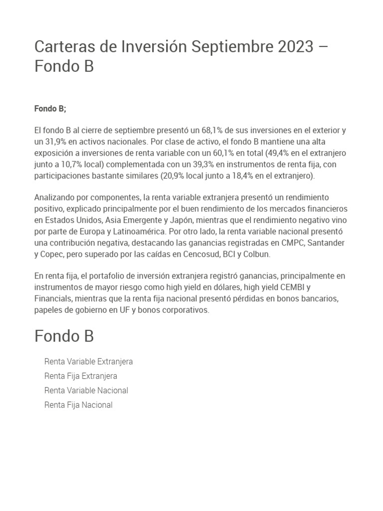 Carteras de Inversión Septiembre 2023 Fondo B | A… | PDF | Economias | Inversiones