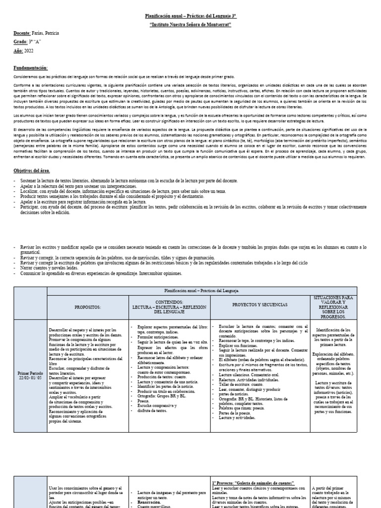 Planificación Anual Lenguaje 3º Grado | PDF | Comprensión lectora ...