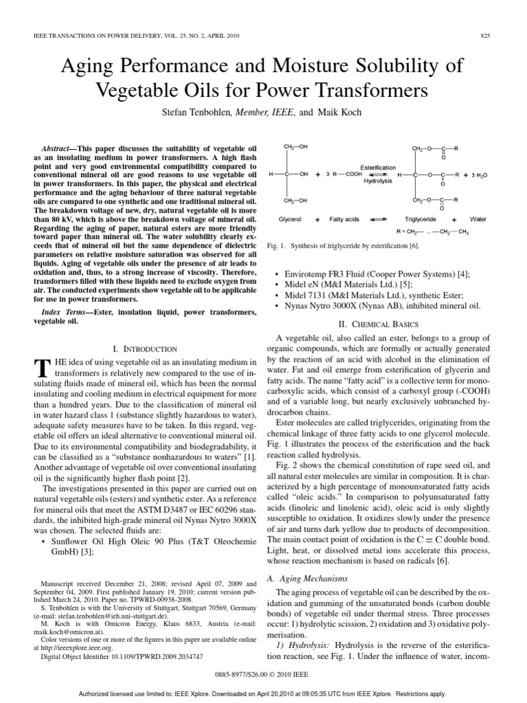 Aging Performance and Moisture Solubility of Veg. Oils For Power Trfs ...