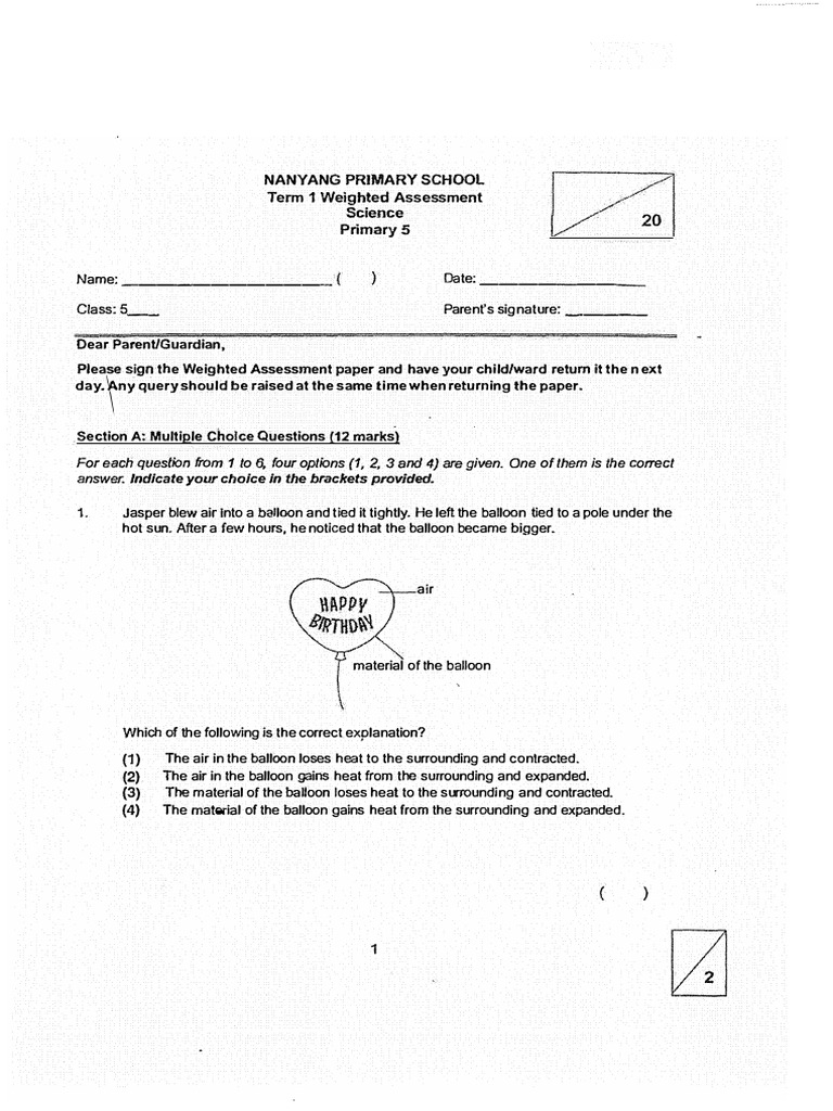 P5 Science Nanyang 2022 WA1 Exam Papers | PDF