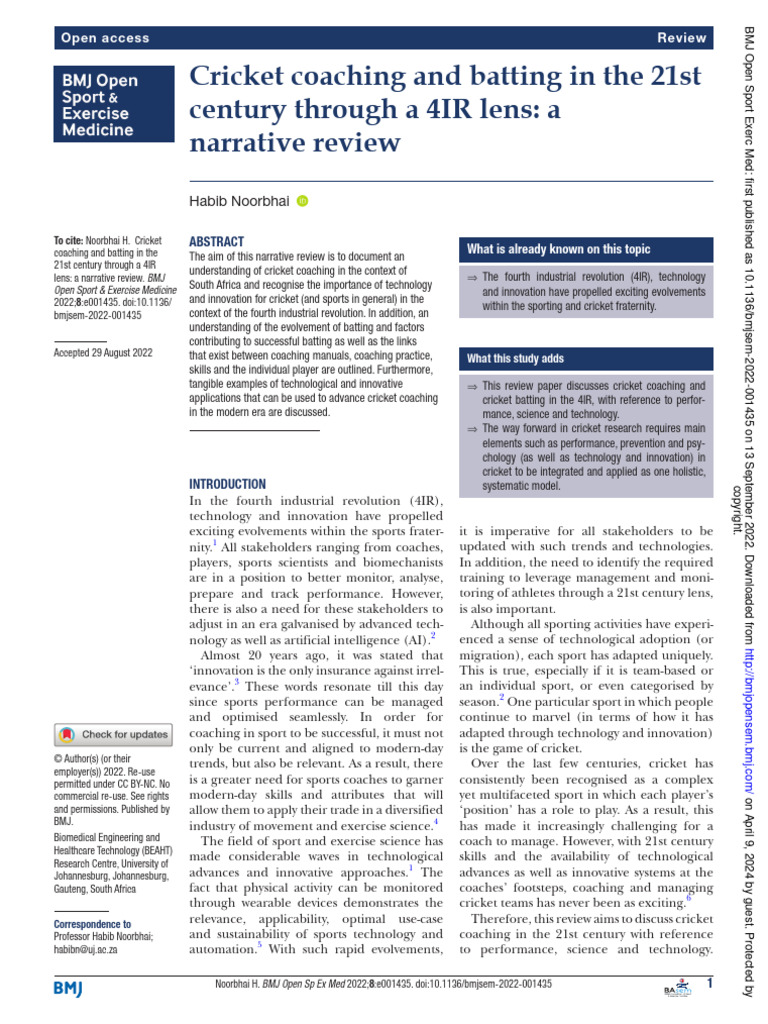 Cricket Coaching and Batting in The 21st Century Through A 4IR Lens - A Narrative Review | PDF ...