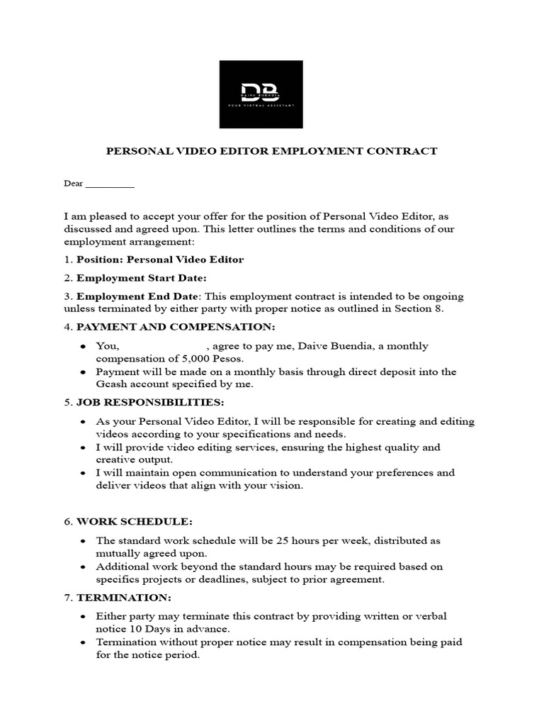 Personal Video Editor Employment Contract | PDF | Employment | Editing