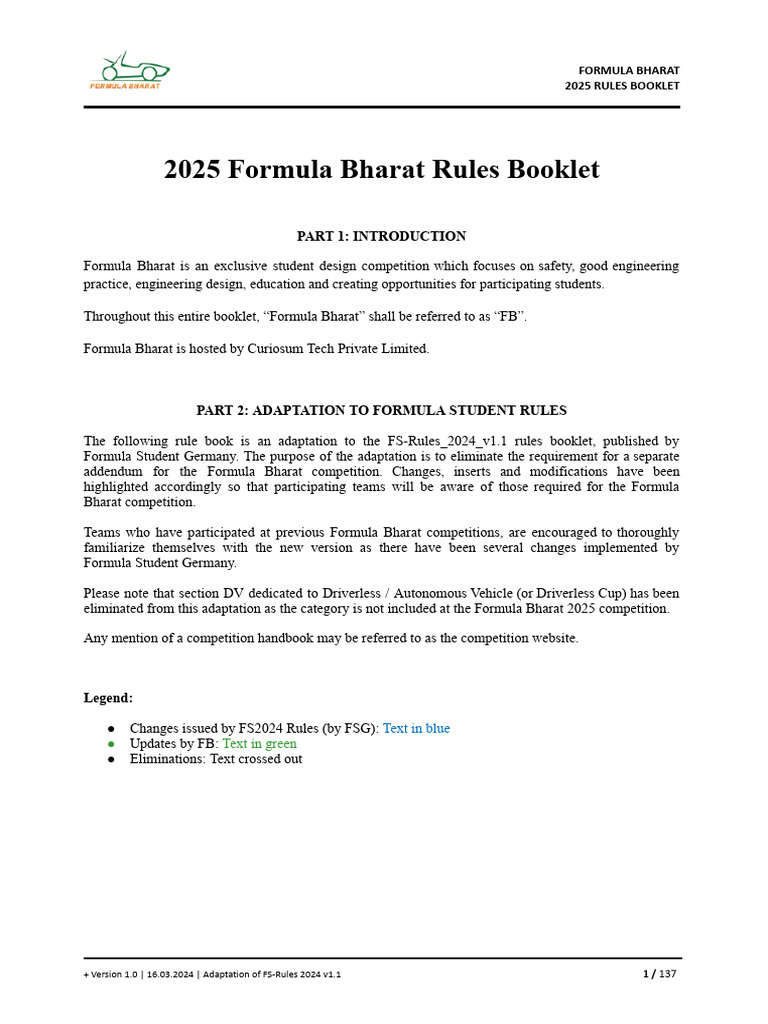 Formula Bharat 2025 Rulebook Overview | PDF | Throttle | Vehicles