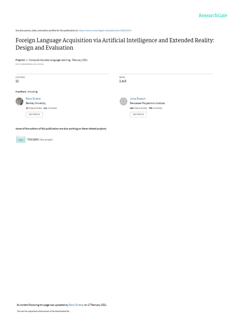 Foreign Language Acquisition via Artificial Intelligence and Extended Reality_ Design and ...