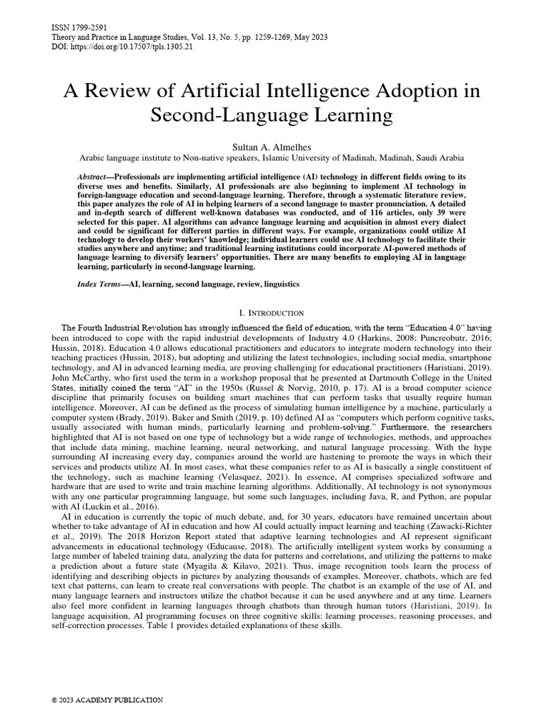 A Review of Artificial Intelligence Adoption in Second-Language Learning | PDF | Intelligence ...