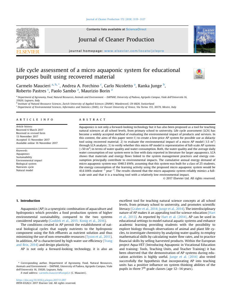 Journal of Cleaner Production | PDF | Life Cycle Assessment | Aquaponics