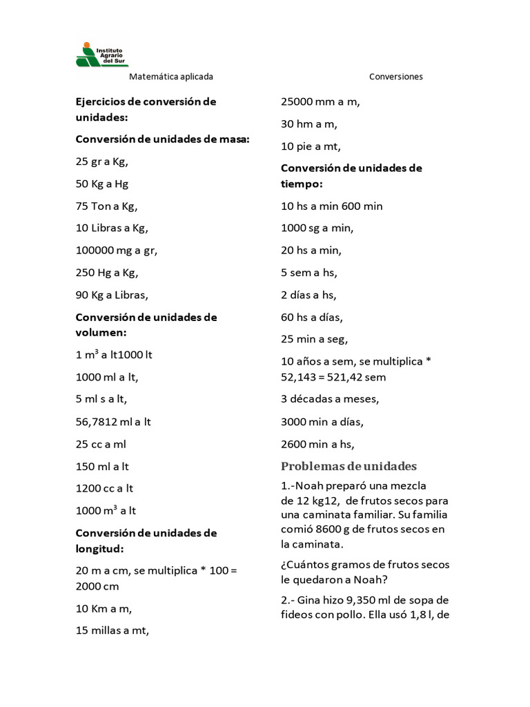 Ejercicios de Conversión de Unidades Sesión 3 | PDF