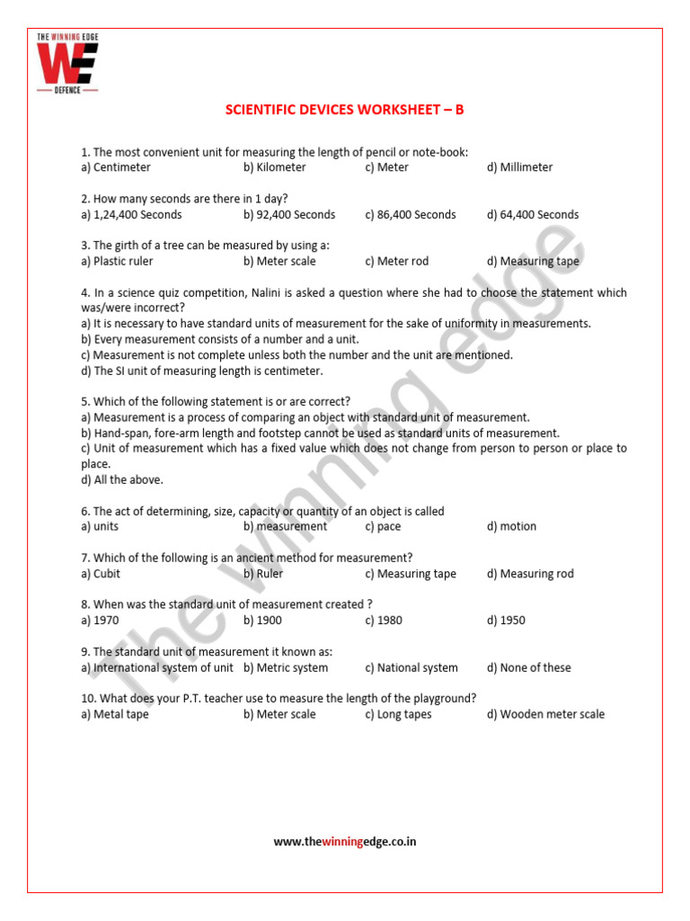SCIENTIFIC DEVICES WORKSHEET – B | PDF | Measurement | Length