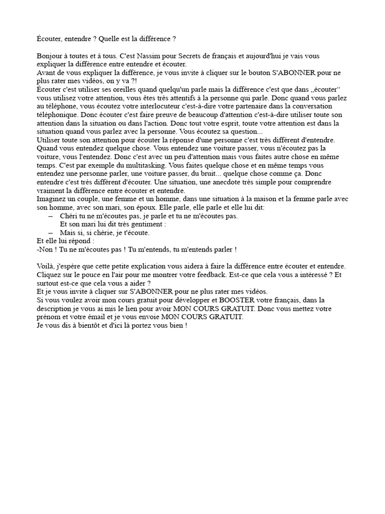 Différence entre écouter et entendre | PDF