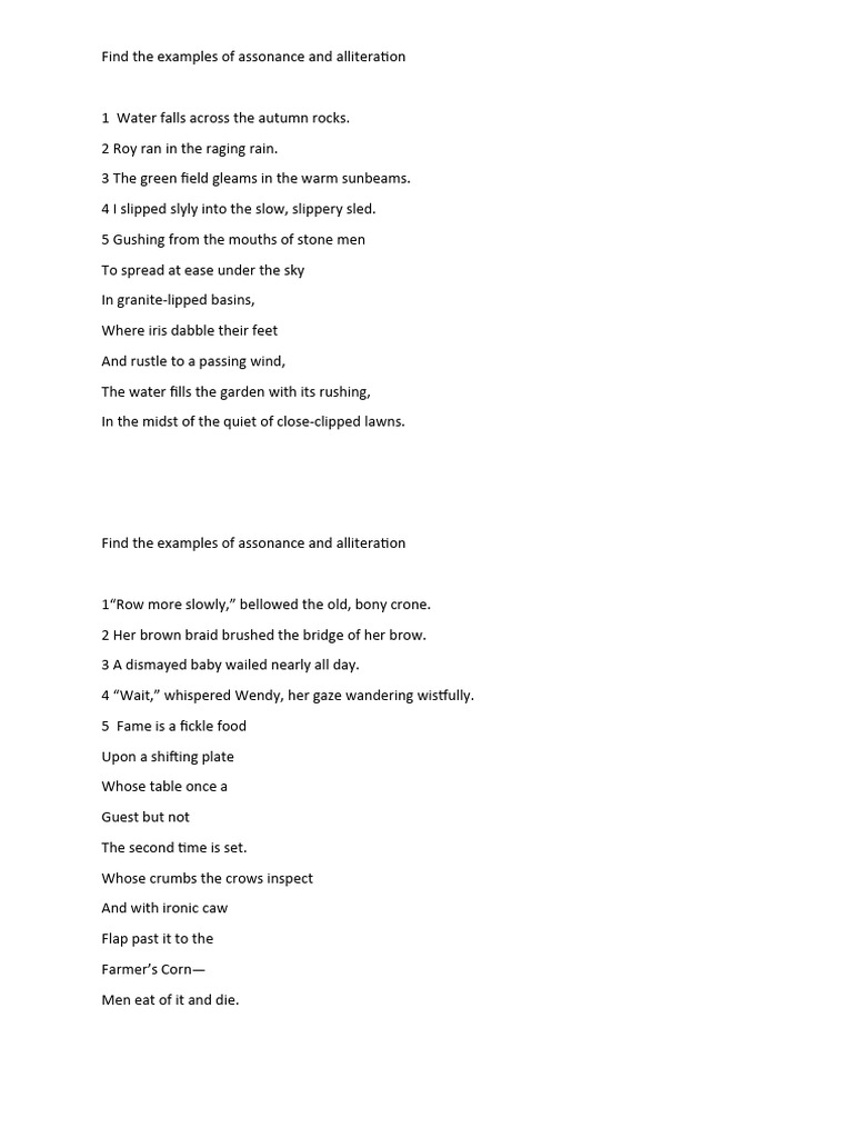 Assonance and Alliteration Examples | PDF | Home & Garden | Poetry