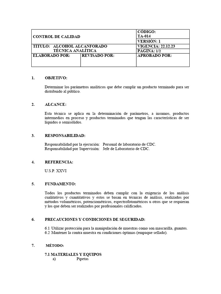 Tecnica Analitica de Alcohol Alcanforado | PDF | Tecnología