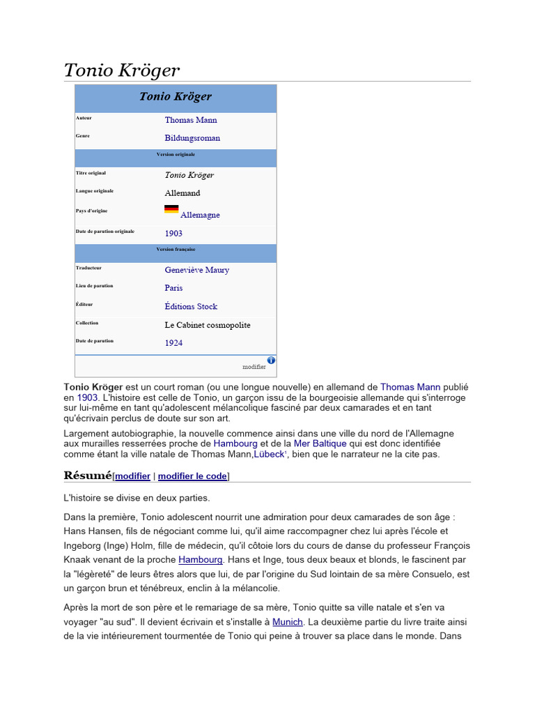 Analyse de "Tonio Kröger" de Thomas Mann | PDF | Romans allemands ...