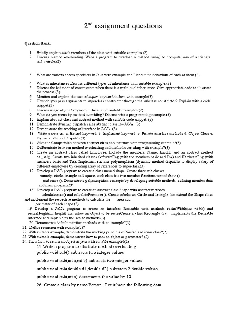 Question Bank Java A2 Pdf Method Computer Programming Inheritance Object Oriented