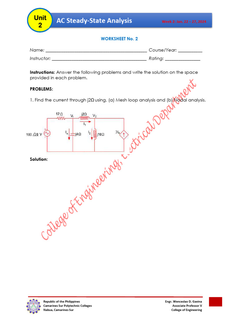 Worksheet 2 AC Steady State Analysis | PDF | Technology & Engineering