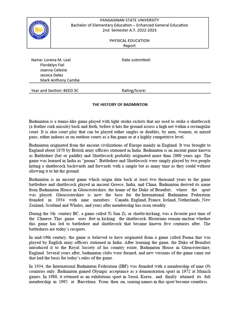 HISTORY OF BADMINTON | PDF | Sports