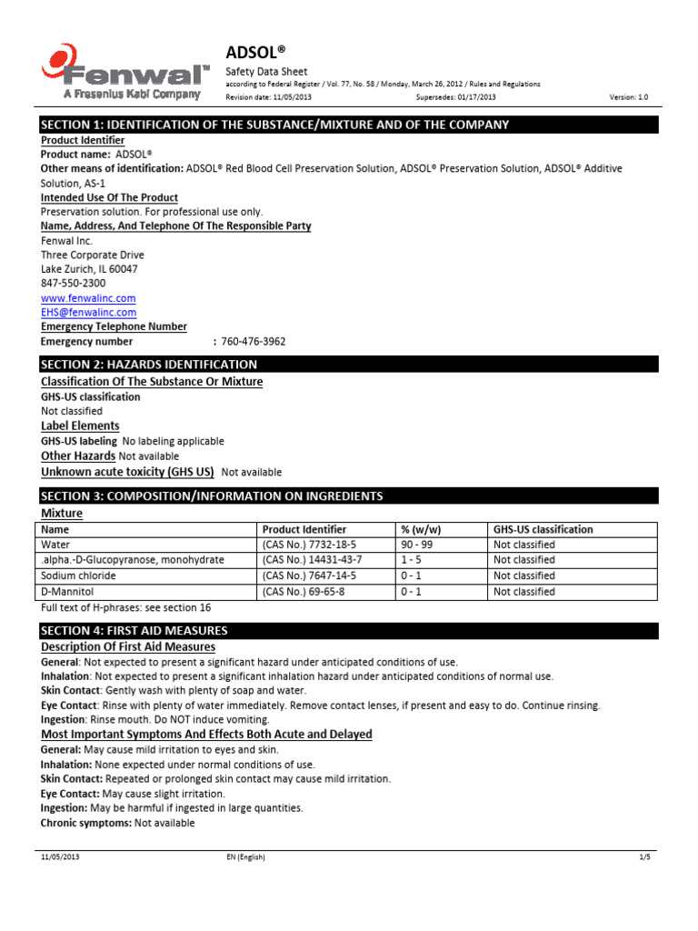 Adsol Safety Data Sheet | PDF | Safety | Chemistry