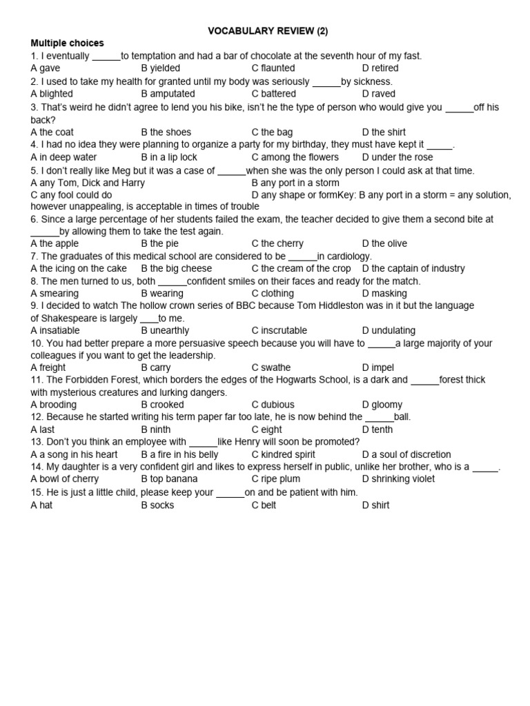 Vocabulary Multiple Choice Quiz | PDF