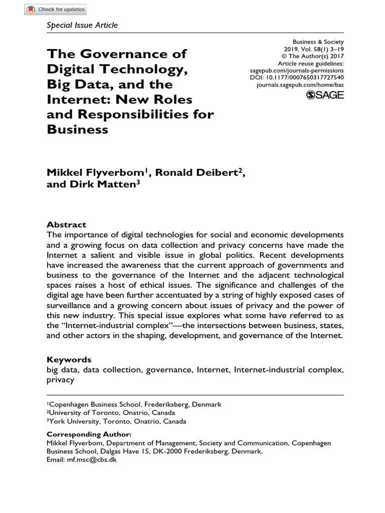 Flyverbom Et Al 2017 The Governance of Digital Technology Big Data and ... Flyverbom Et Al 2017 The Governance of Digital Technology Big Data and ...