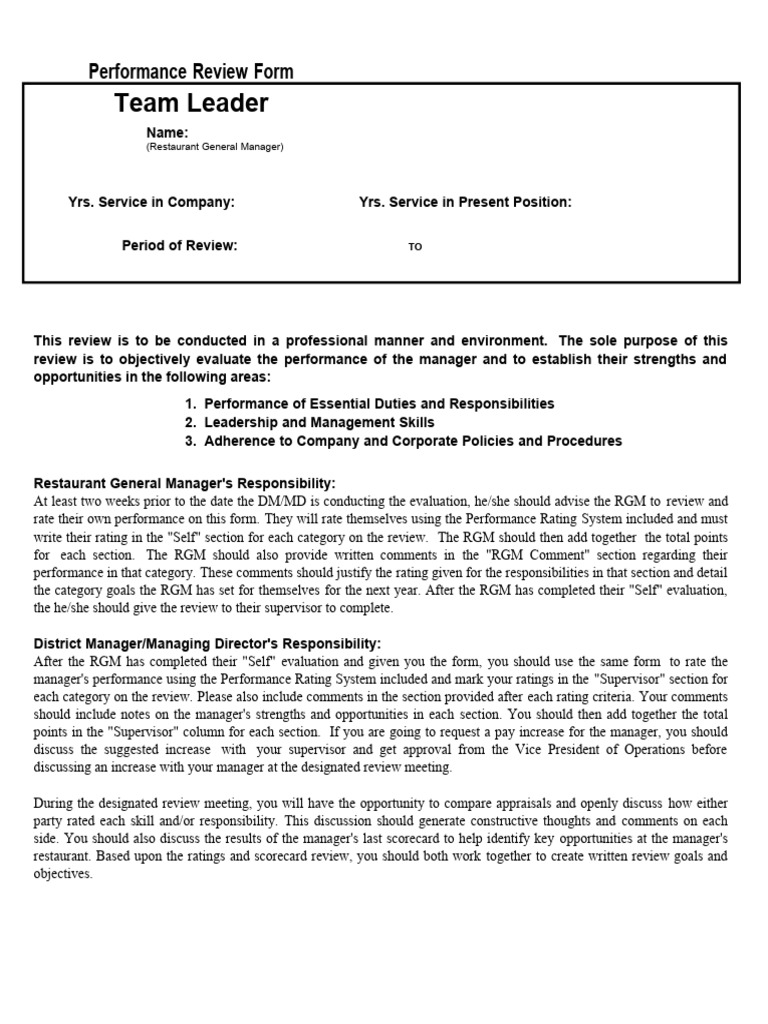 Restaurant Manager Performance Review Form | PDF | Performance ...