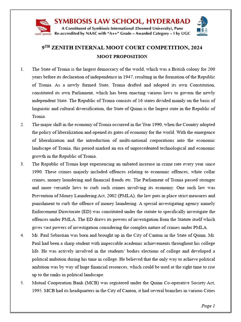 Moot Proposition - 9th Zenith Internal Moot Court Competition 2024 ...