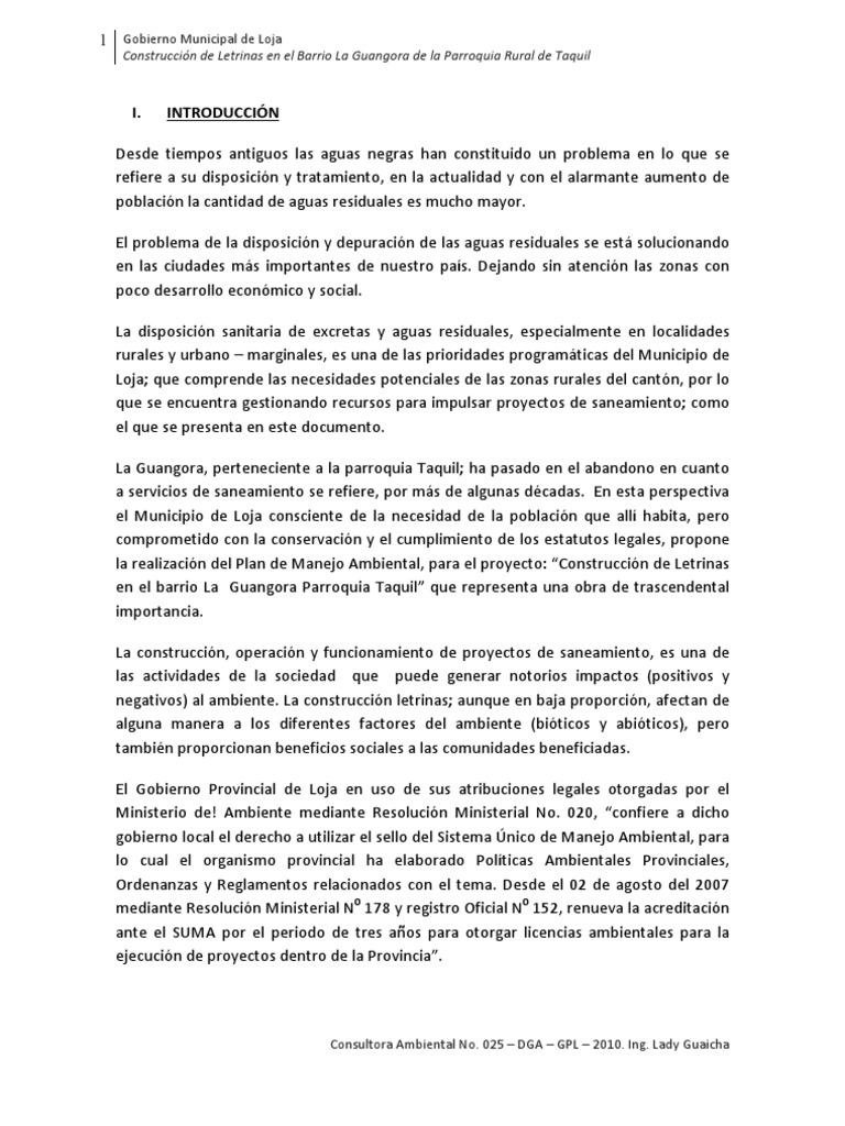 PMA Del Proyecto" Construcción de Letrinas en El Barrio La Guangora de ...