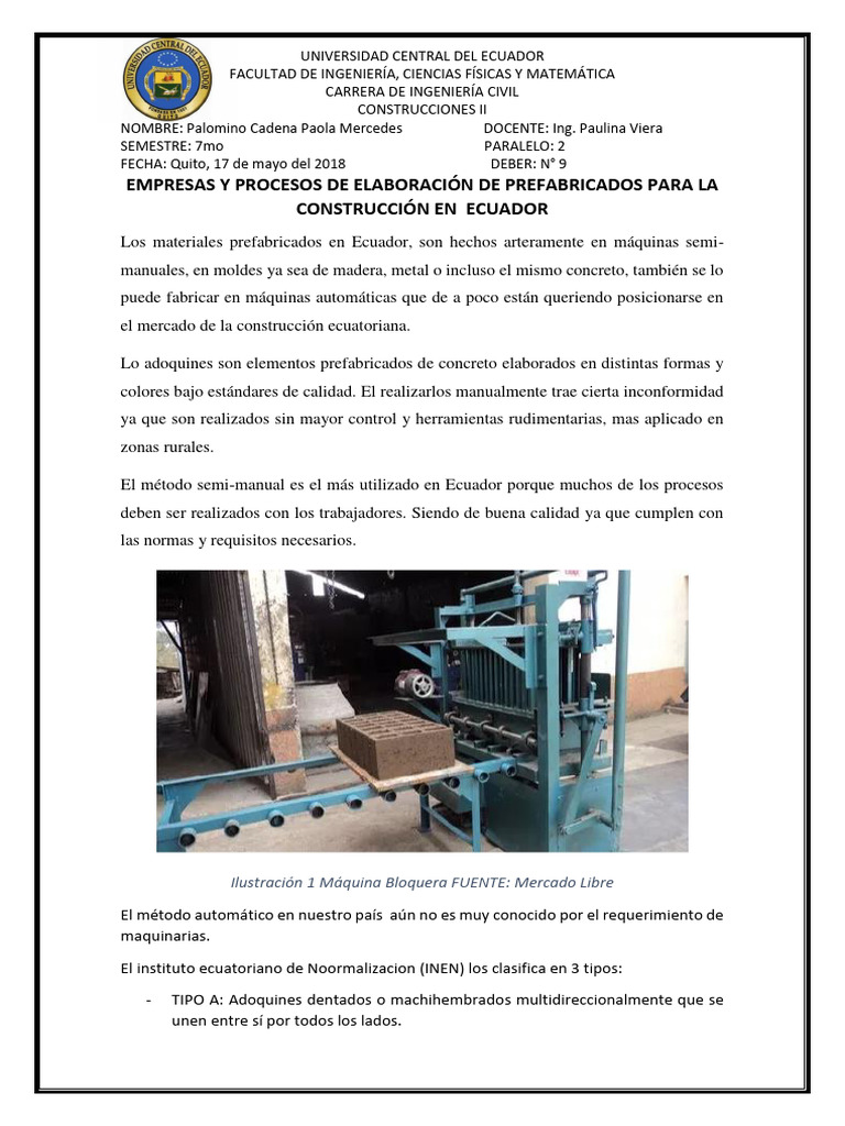 DEBER 9 Elaboración de Prefabricados ECUADOR | PDF | Acero | Ecuador
