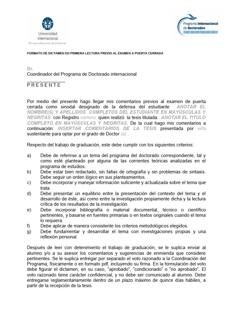 Dictamen Previo para Examen Doctoral | PDF | Doctorado