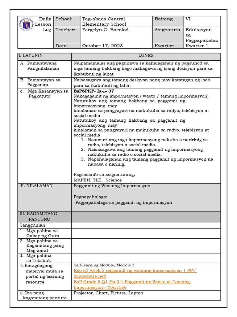 ESP 6 Lesson Plan Finalist | PDF