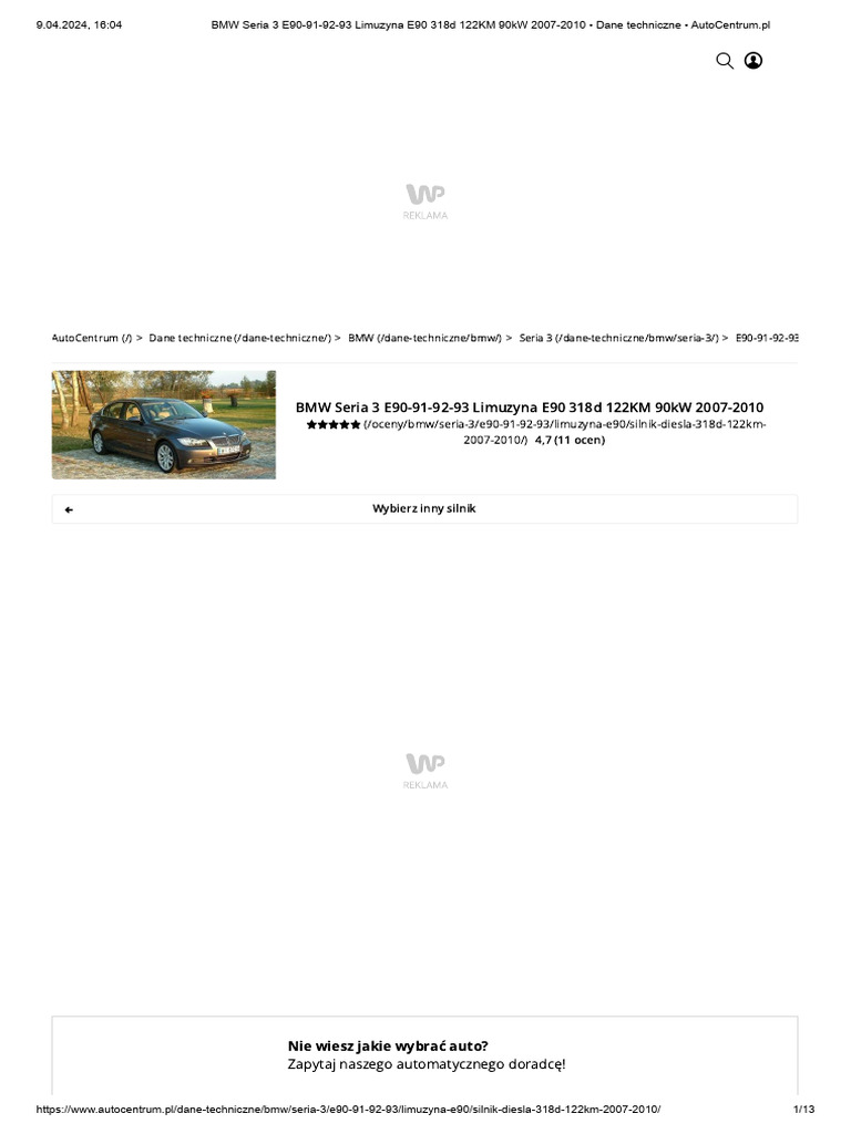 BMW Seria 3 E90-91-92-93 Limuzyna E90 318d 122KM 90kW 2007-2010 - Dane Techniczne - AutoCentrum ...