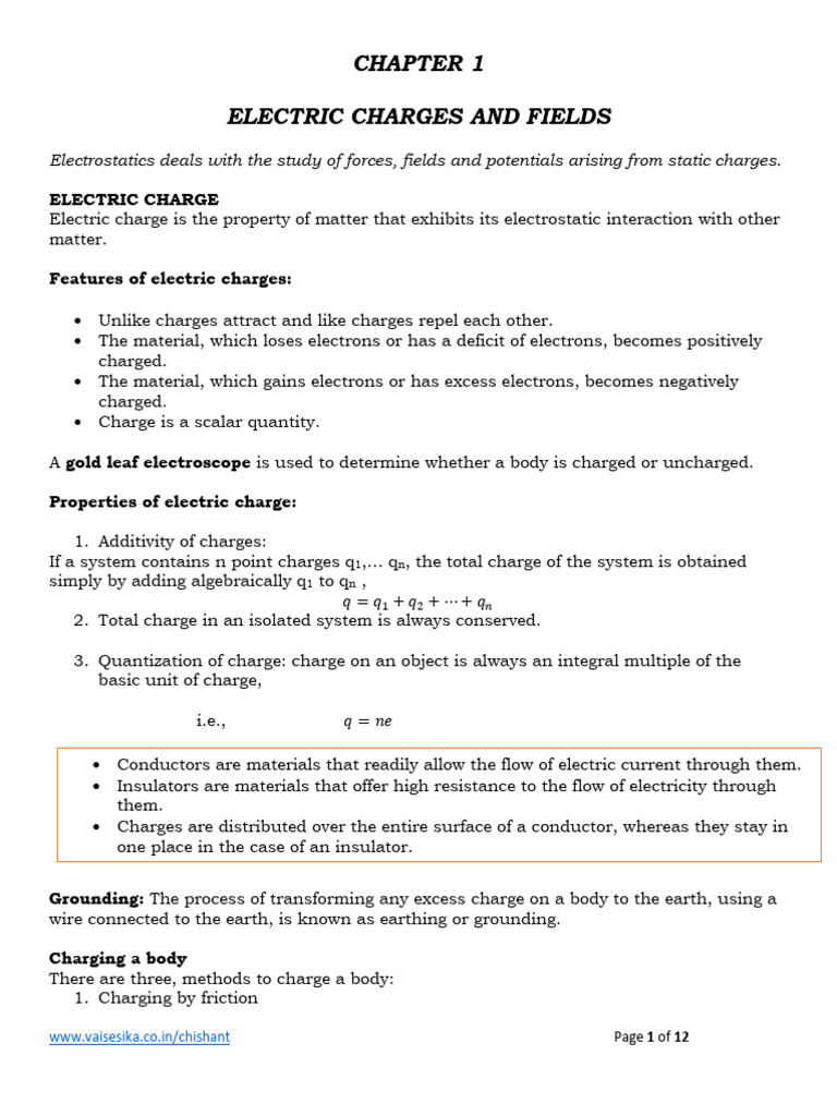 12.1 Electrostatics 1 Electric Charges and Fields | PDF | Electric ...