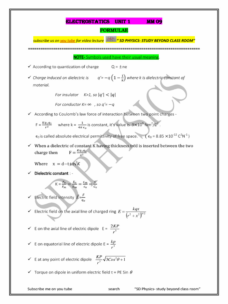 Formulae Electrostatics Unit 1 Mm 09 Pdf