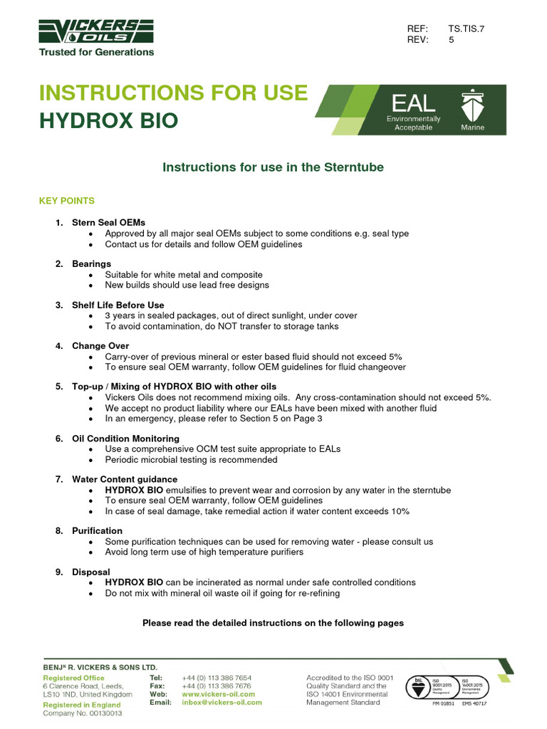 HYDROX BIO Instructions For Use in The Sterntube Rev 5 | Download Free PDF | Lubricant | Bearing ...