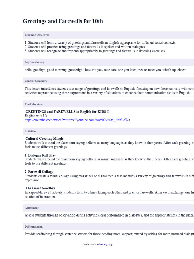 Lesson Plan - Greetings and Farewells For 10th | PDF